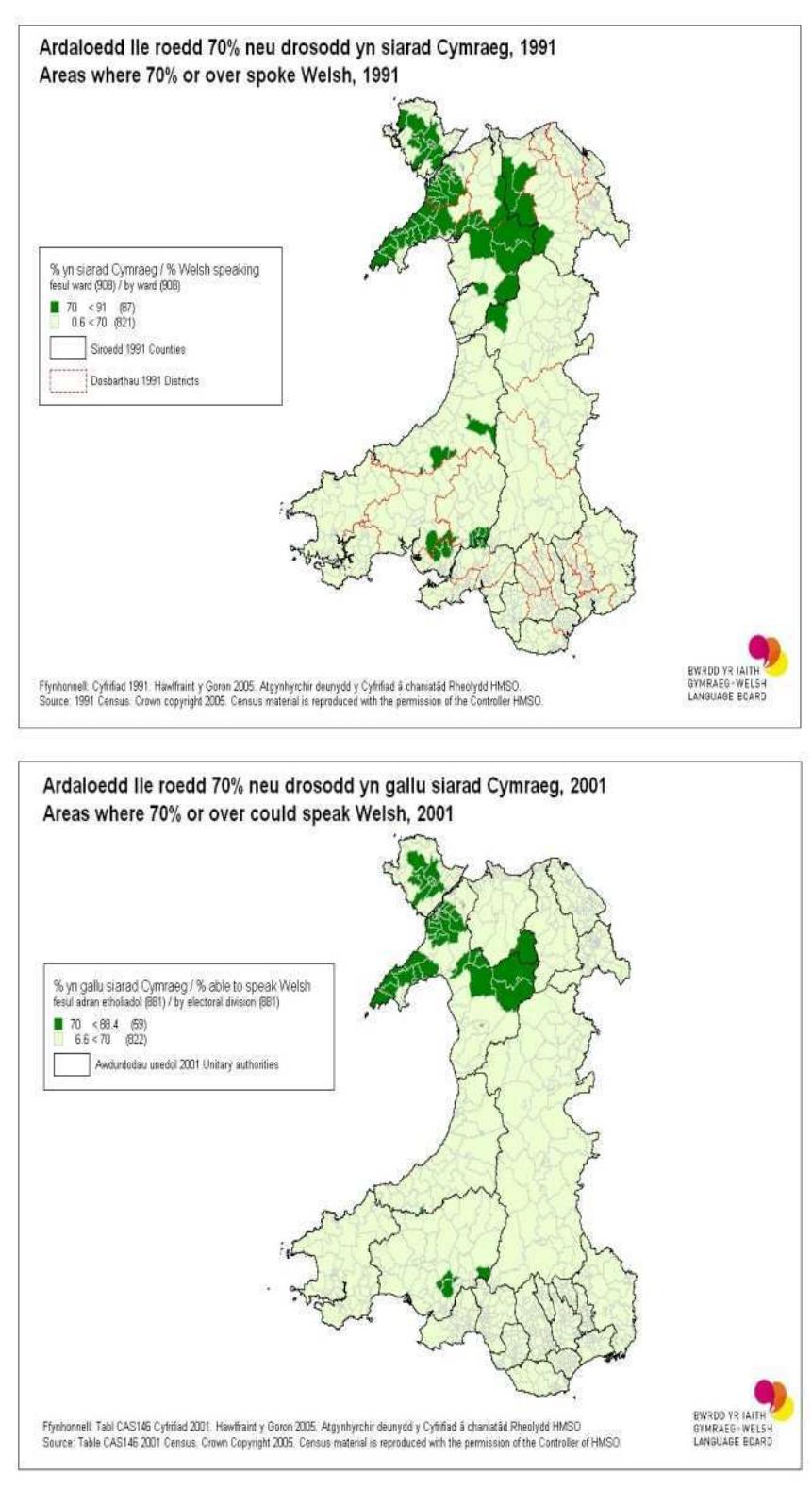 Areas where 70% or over spoke welsh. 1991 (left) and 2001
