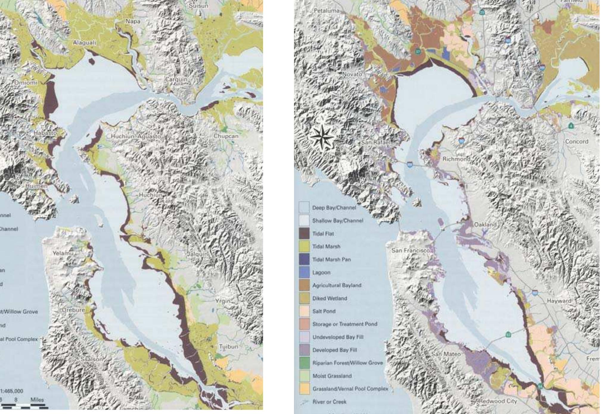 Bay area maps, past (left) and present (right). maps
