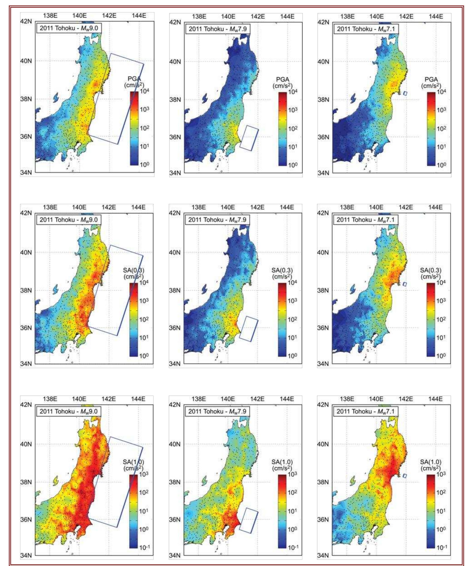 6 contour maps of pga and sas at 0.3 s and 1.0 s for the