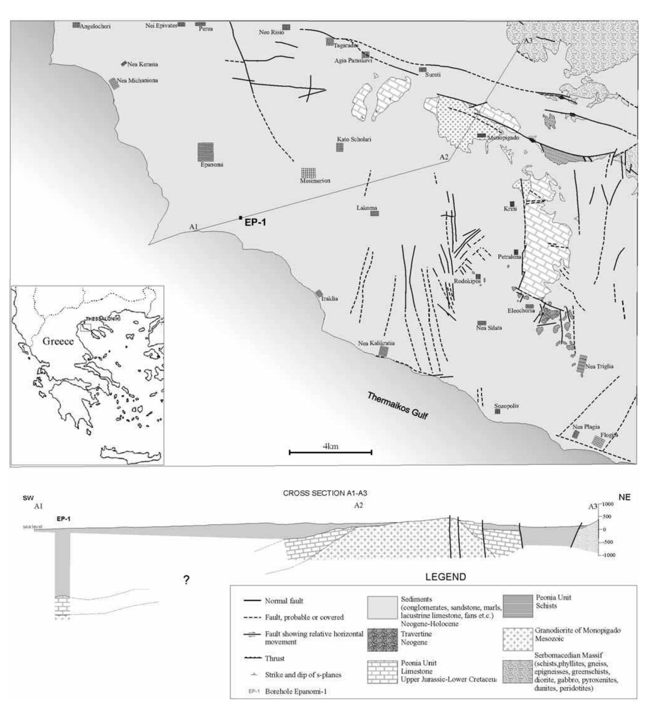 Geological sketch-map and cross section of the broader area