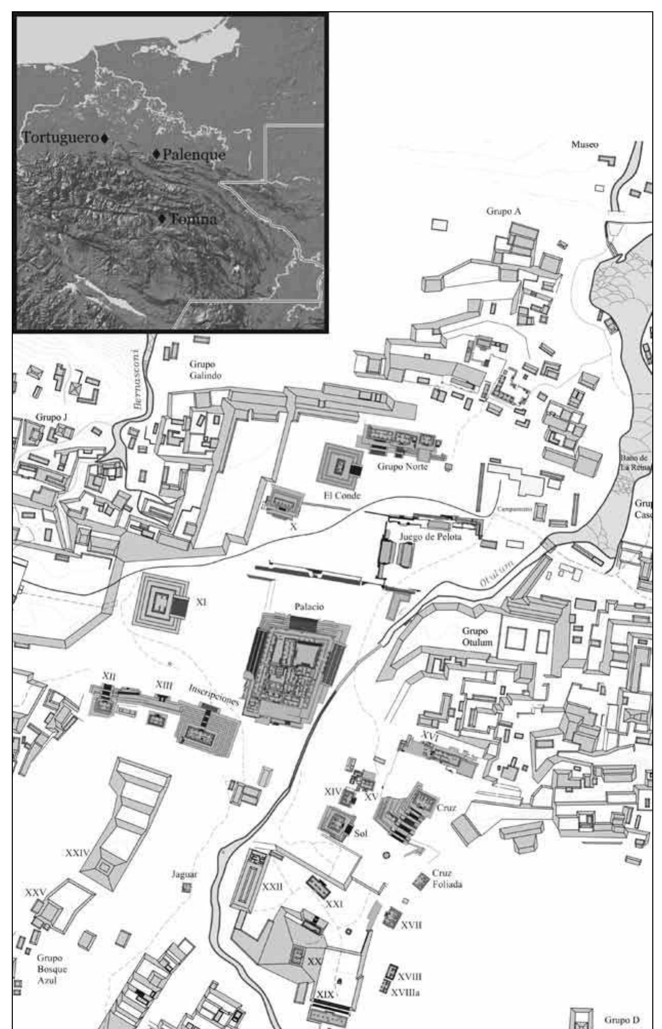 Map of the site core of palenque, mexico. courtesy of ed