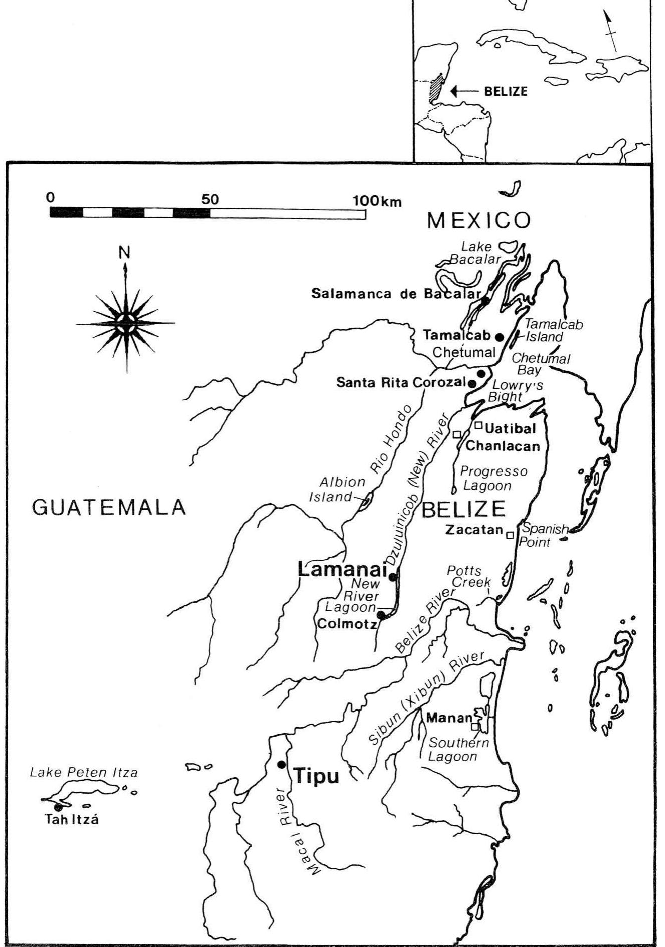 I map of belize showing locations of tipu and lamanai and