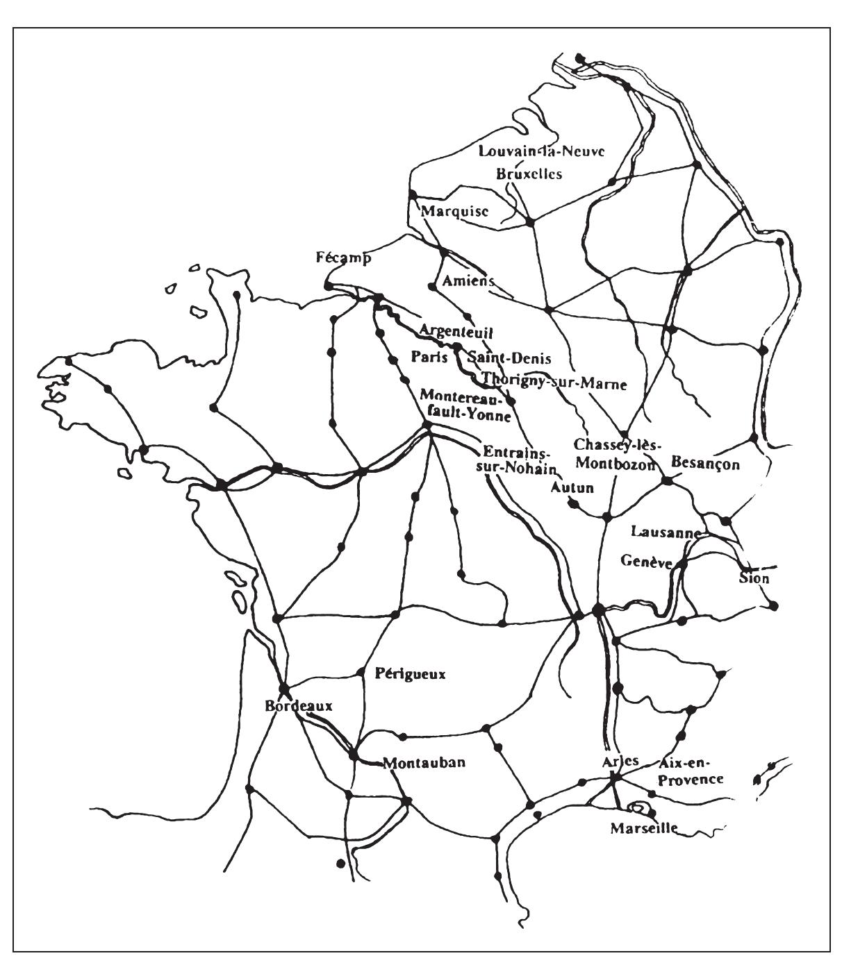 Map of gaul showing ancient roads and sites where menas
