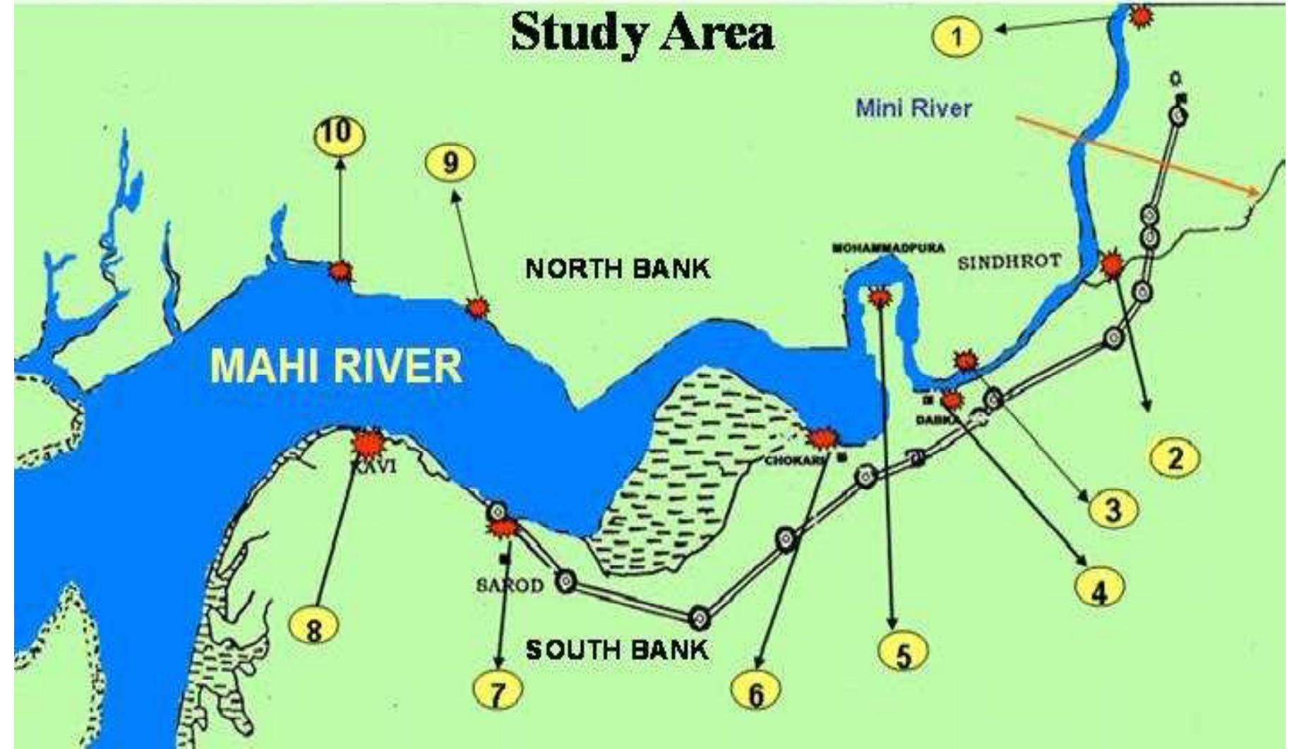 Map of mahi estuary showing sampling station locations. 1: