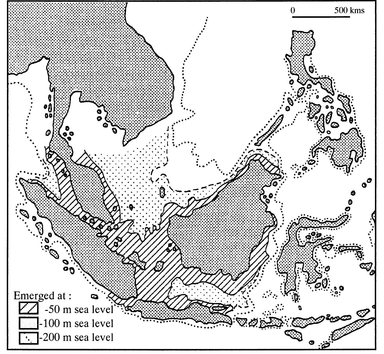 Bathymetric map of south-east asia showing the 50, 100 and