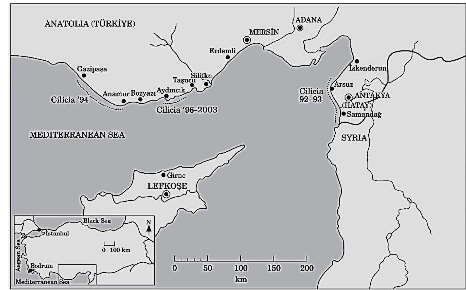 The investigated regions of the cilicia research project