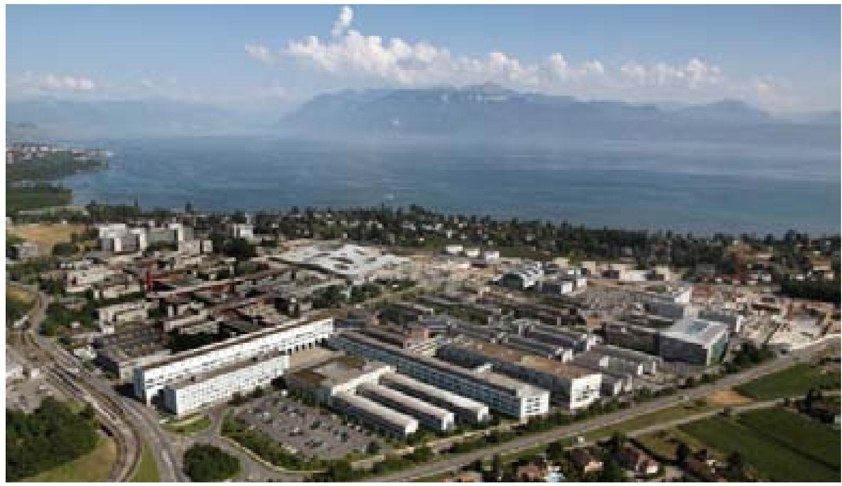 View across epfl, the rolex learning center and lake geneva