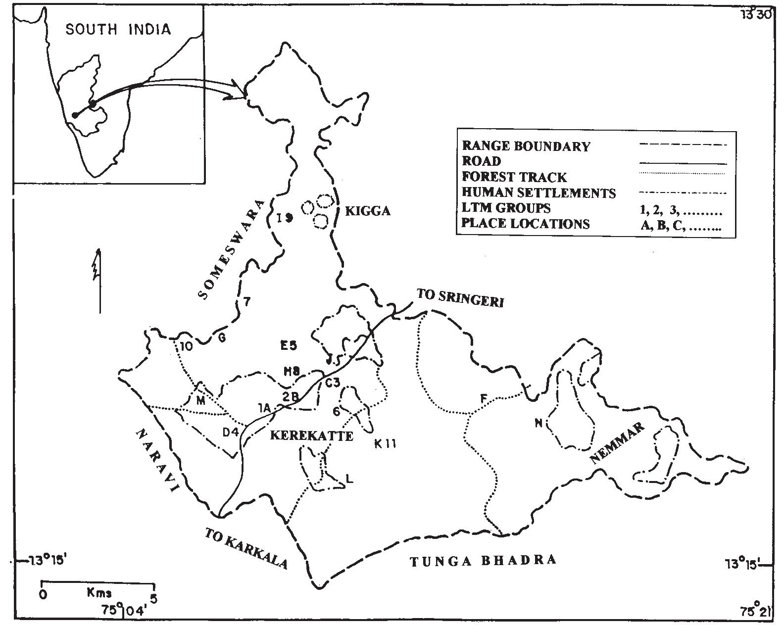 Map of sringeri forest range and locations of lion-tailed