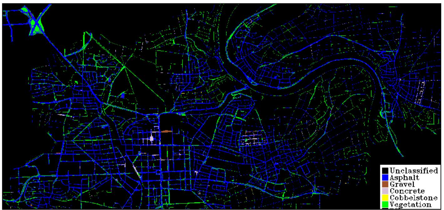 Classification map for different road surface materials.
