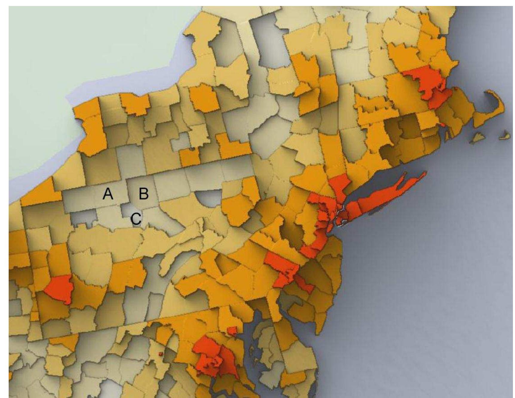 Close-up of illuminated choropleth map of the northeastern