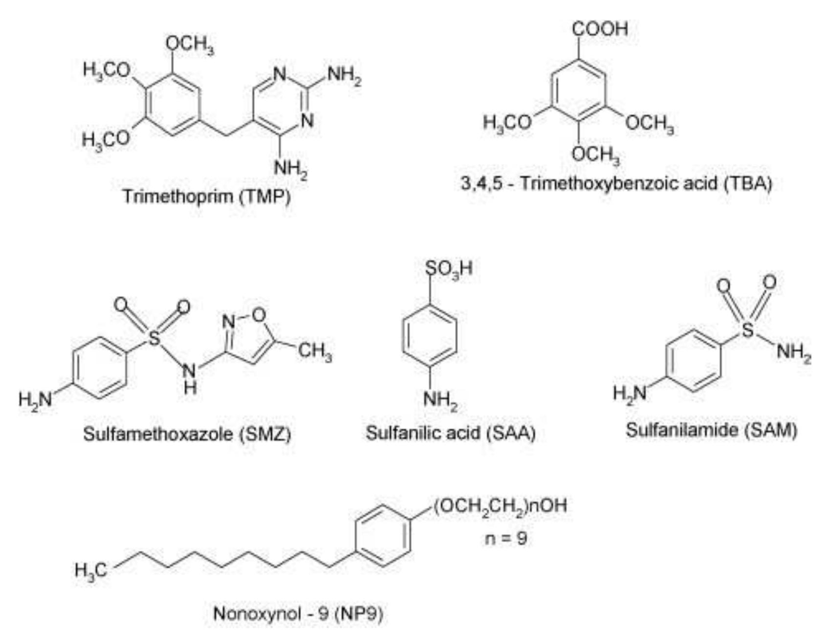 Chemical structures of trimethoprim, 3,4,5-trimethoxybenzoic