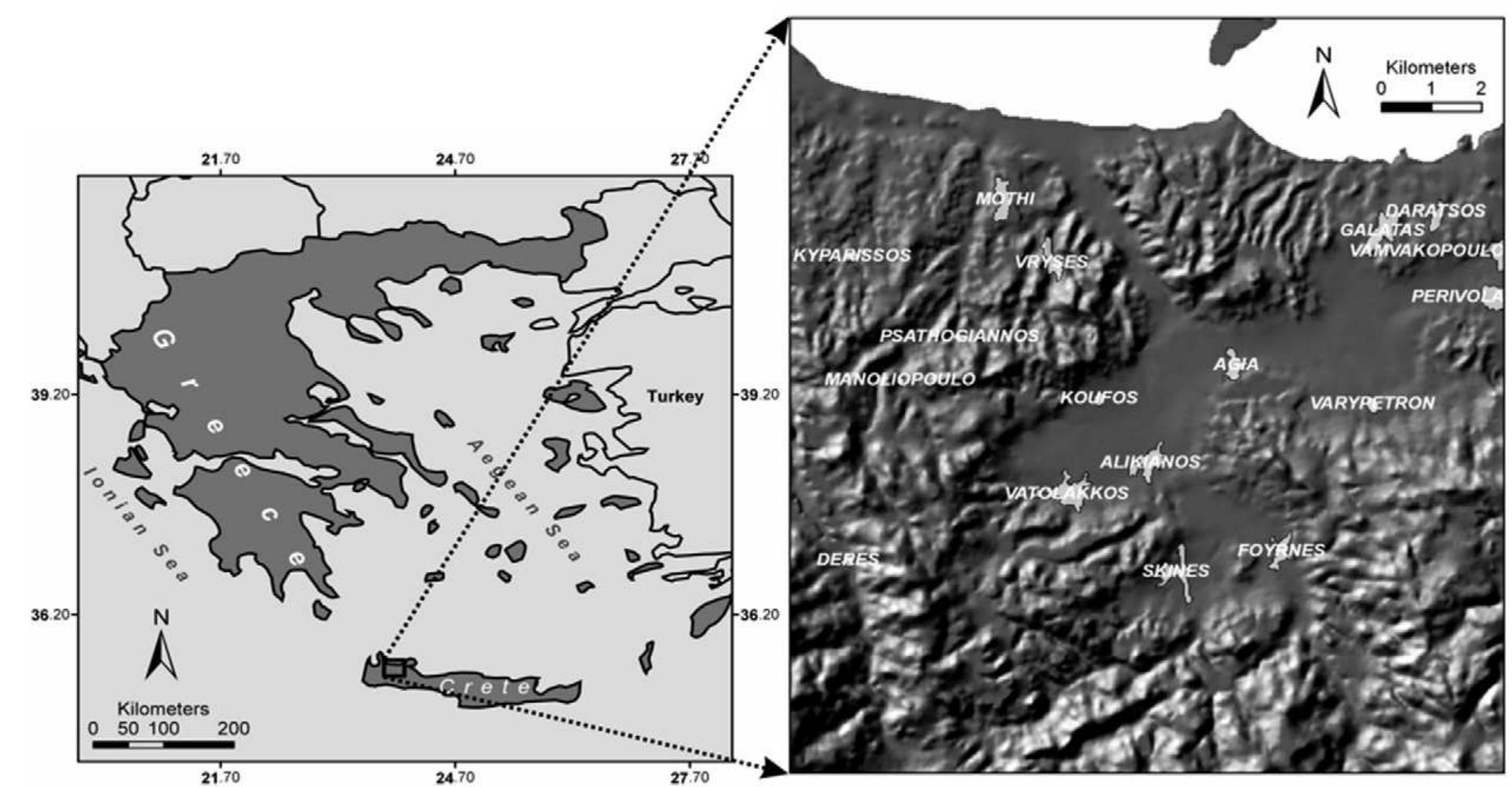 Location map of the keritis basin, chania, crete island,