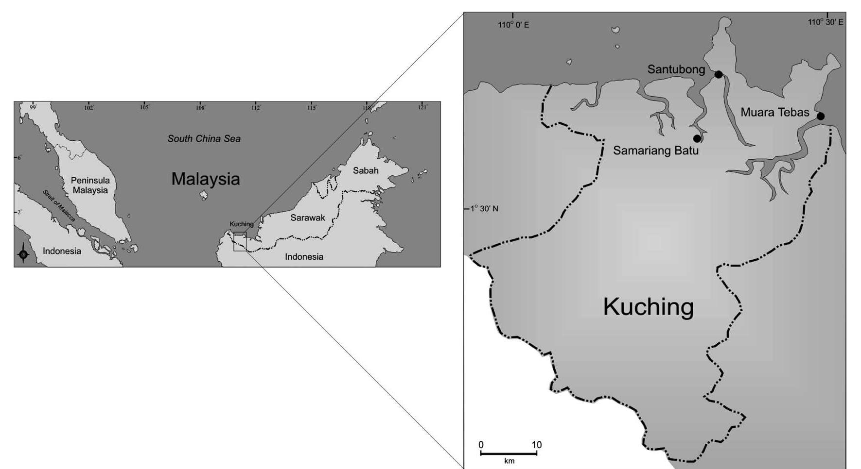 Map showing the sampling locations in kuching, sarawak,