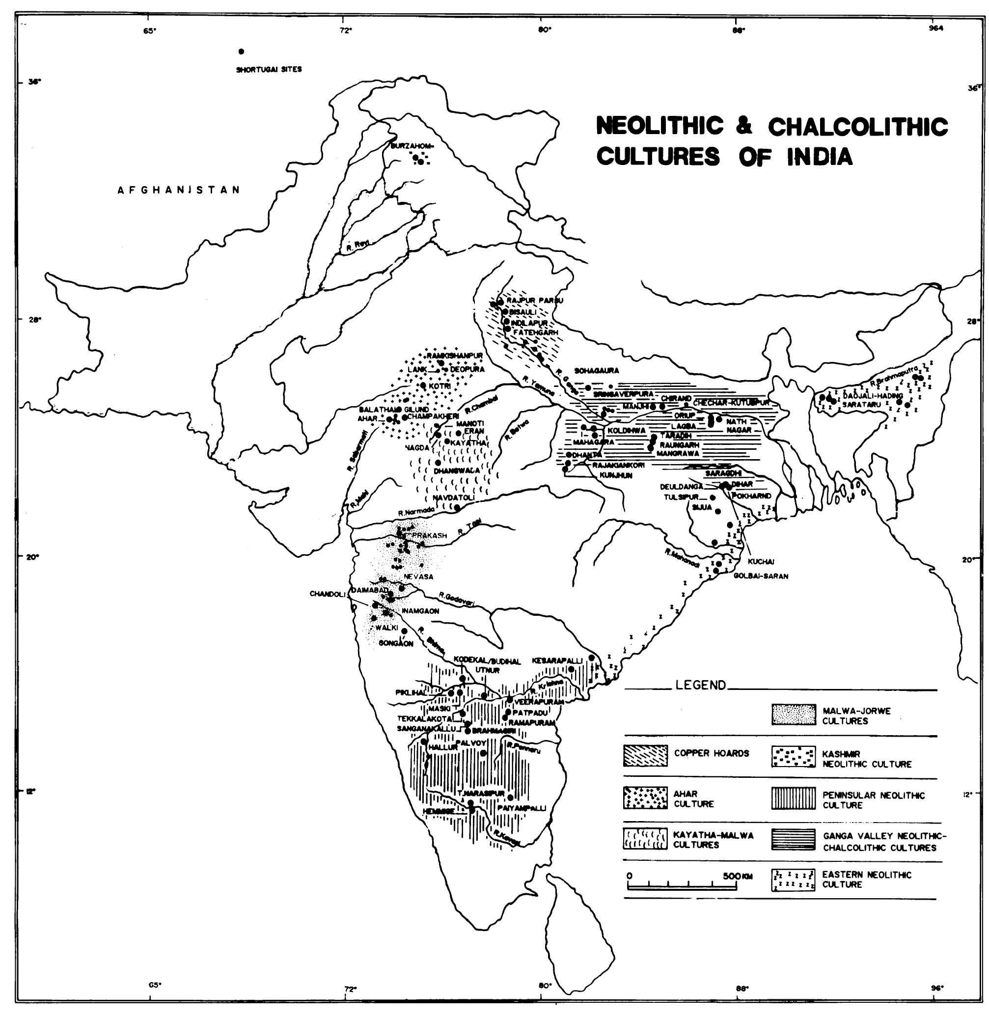 Neolithic and chalcolithic cultures of india. seven