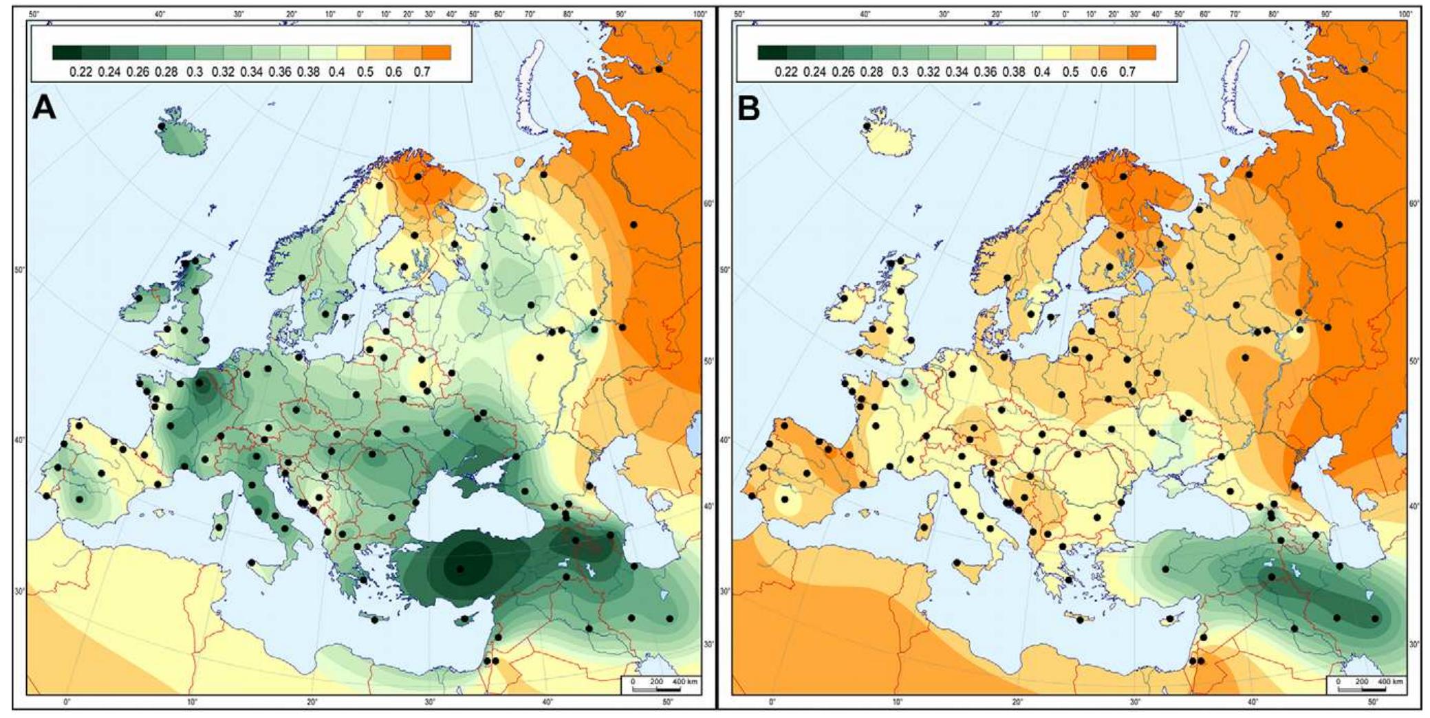Genetic matrilineal distances between 55 modern western