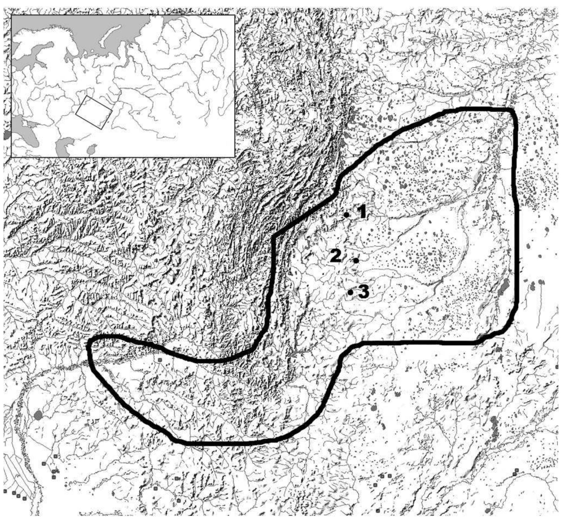 Map of the sintashta culture. — 1 stepnoe-m cemetery. — 2