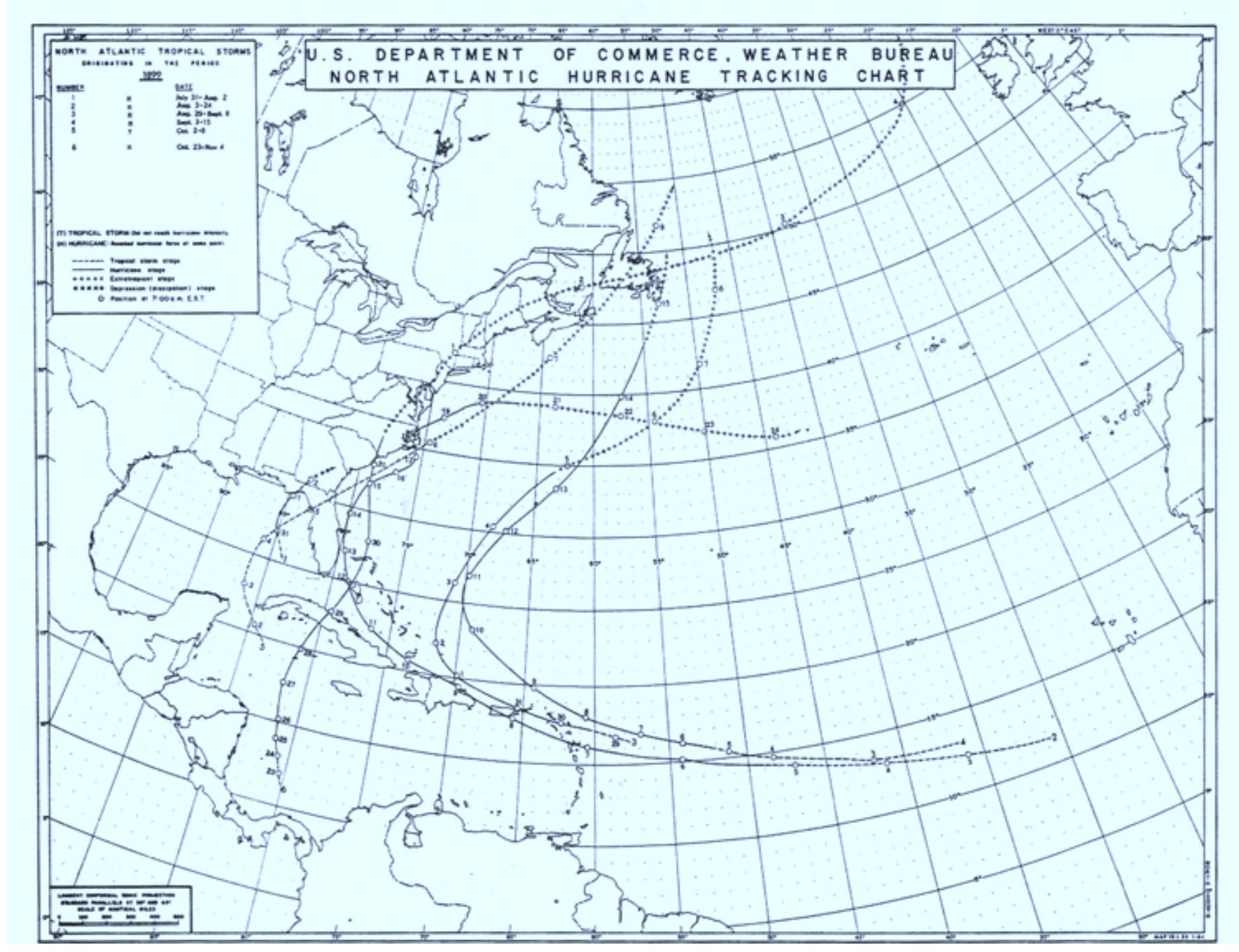 Hurricane tracking chart for the year 1899 showing the path