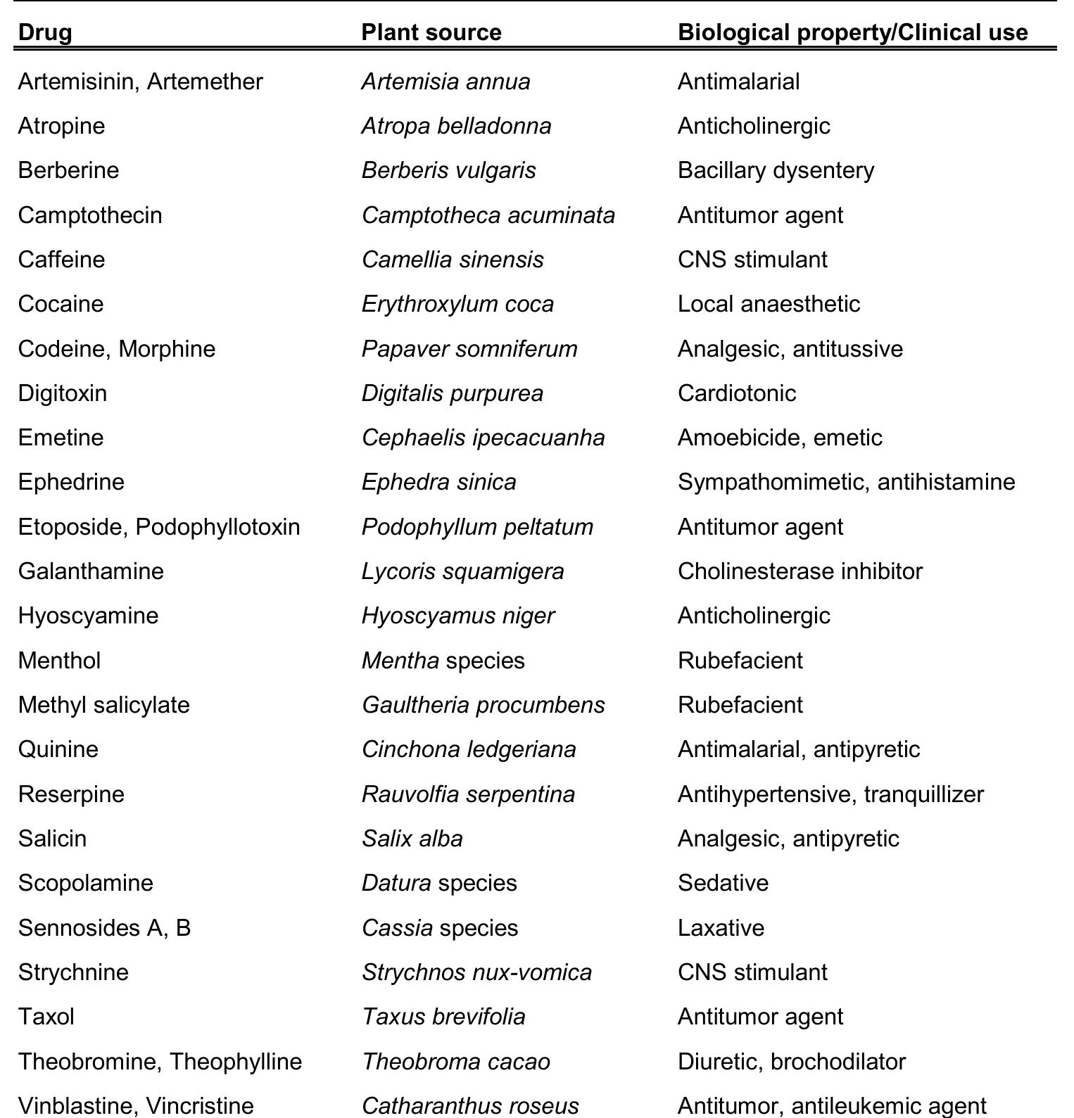 Selected drugs obtained from the plant