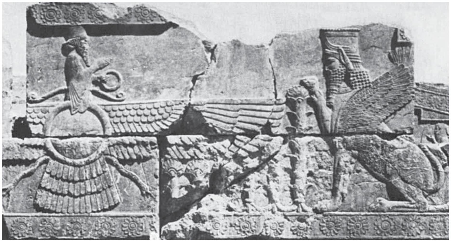 4 ahura mazda standing on top of the khvarnah symbol. palace