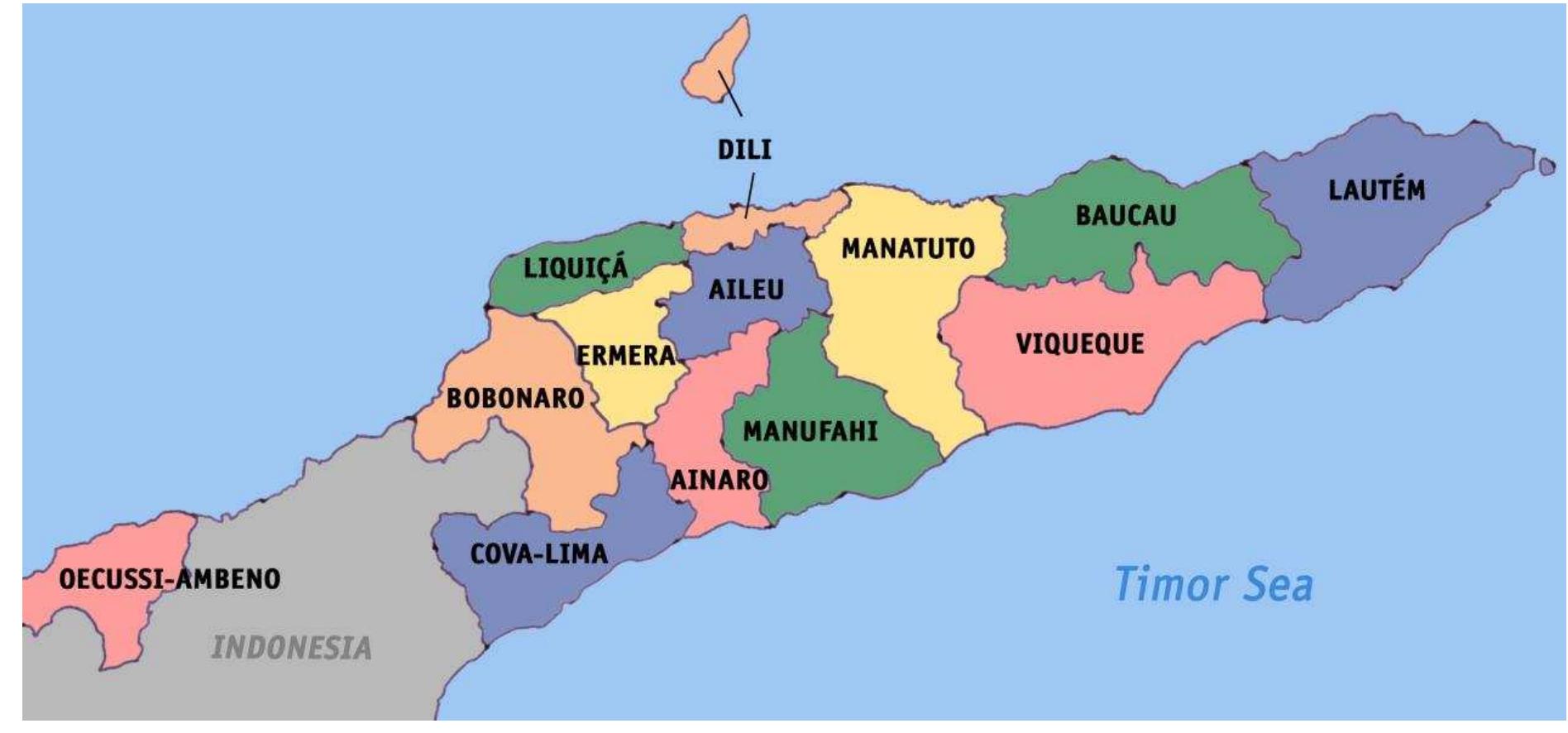 A map of timor-leste showing its 13 districts. timor-leste