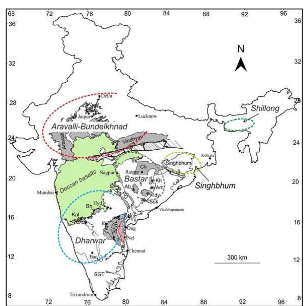 Sketch map showing four archaean nuclei in india. note the