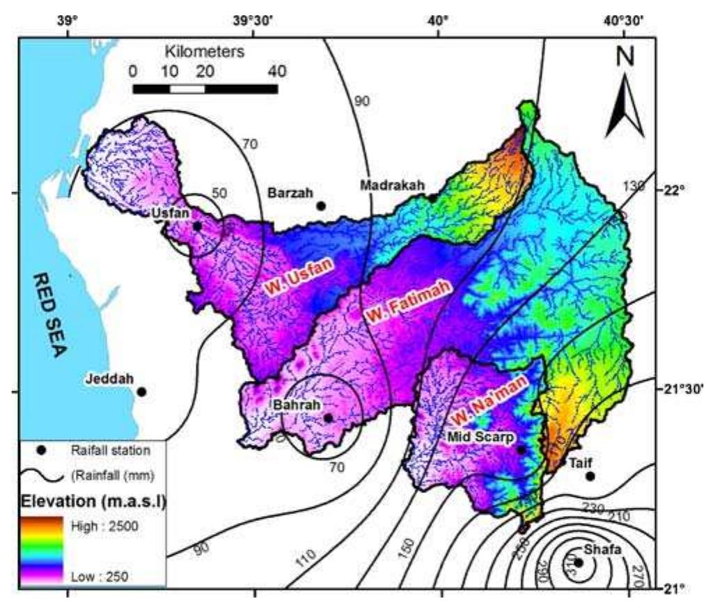 Map showing the isohyetal lines of annual rainfall and main