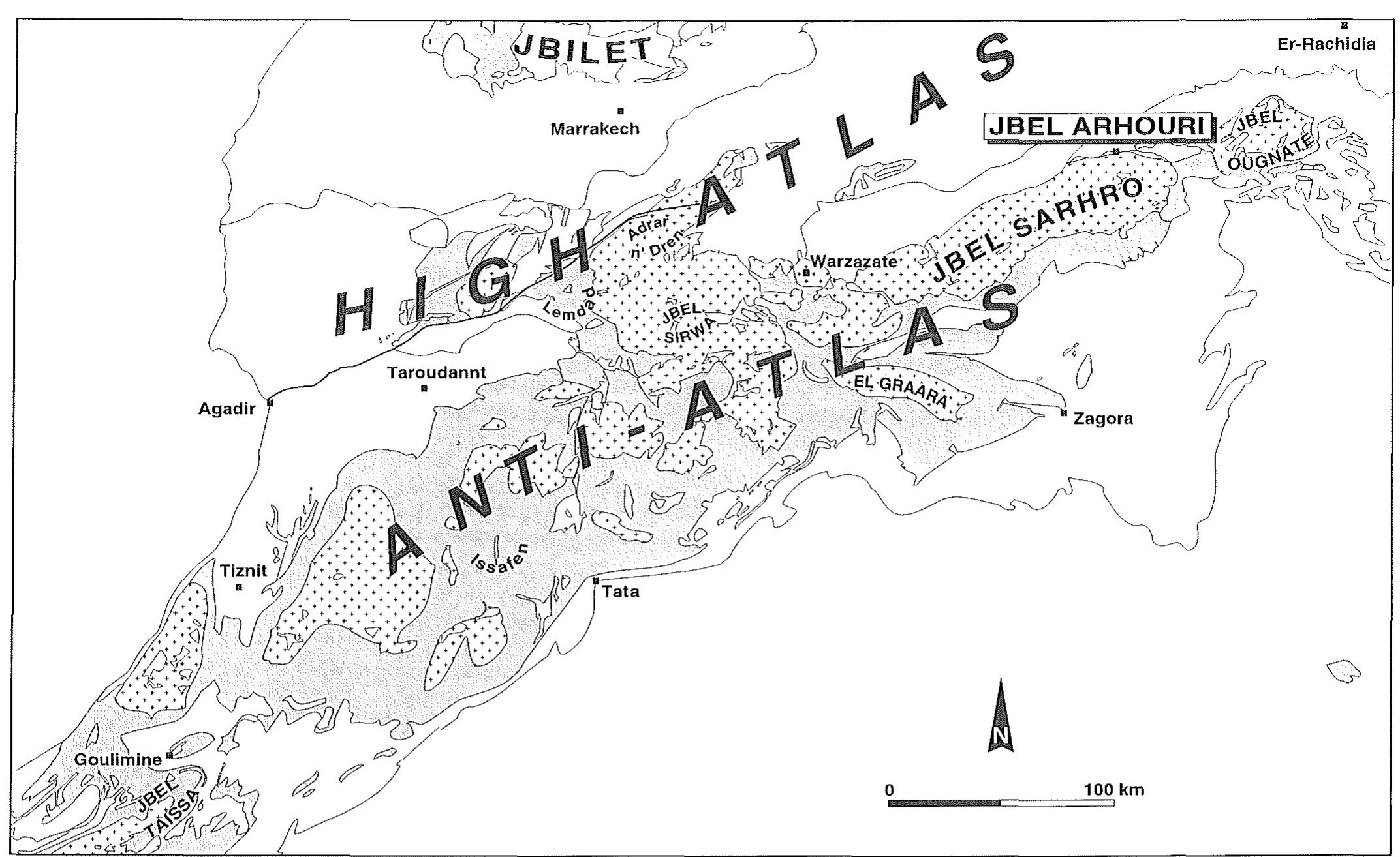 E 1, sketch map of the high atlas and anti-atlas regions,