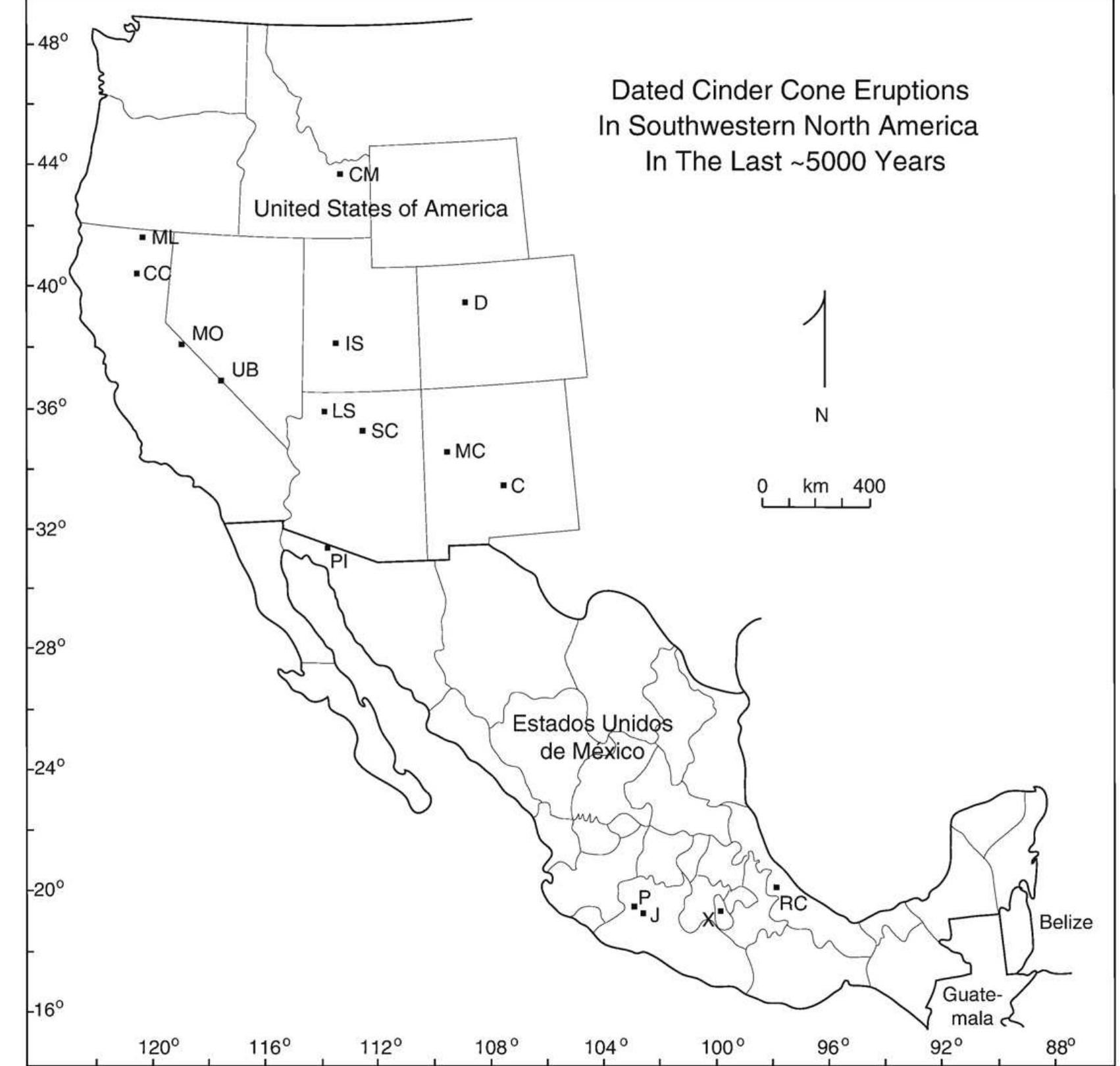 Location map of cinder-cone eruptions in the past 5000 years