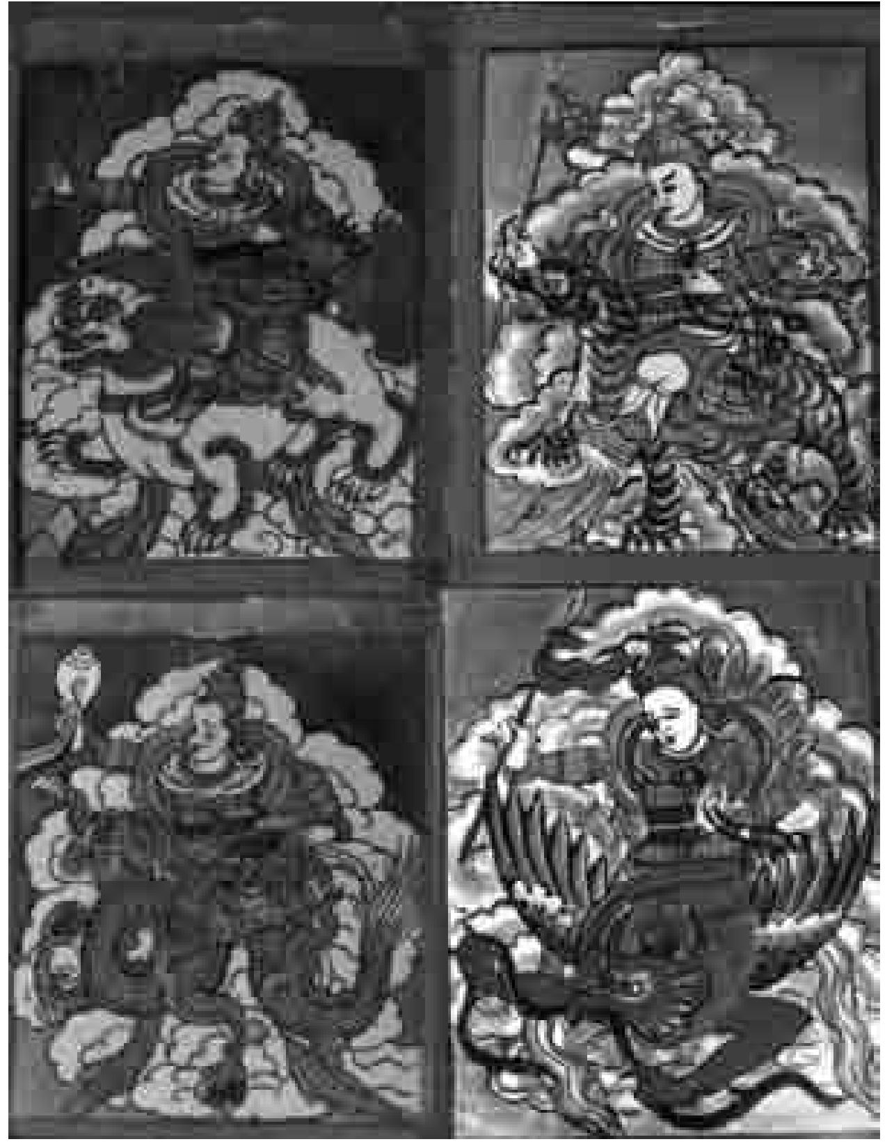 Four warrior deities riding on mythical animals of lion,