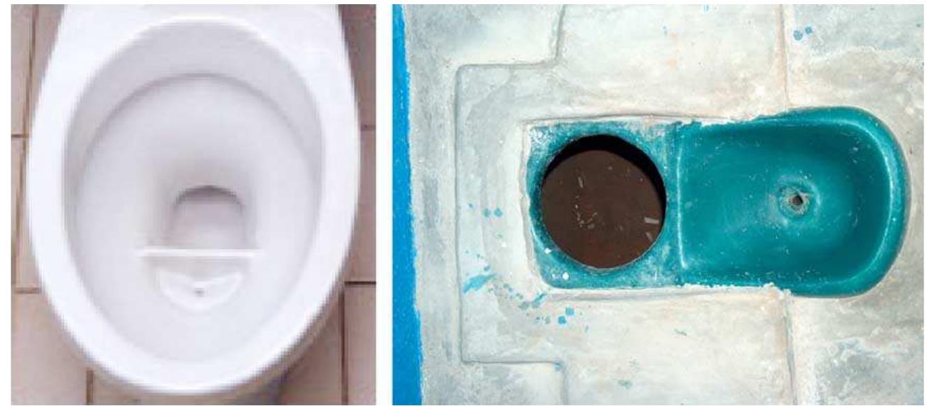 Examples of urine separating toilet (sitting and squatting).