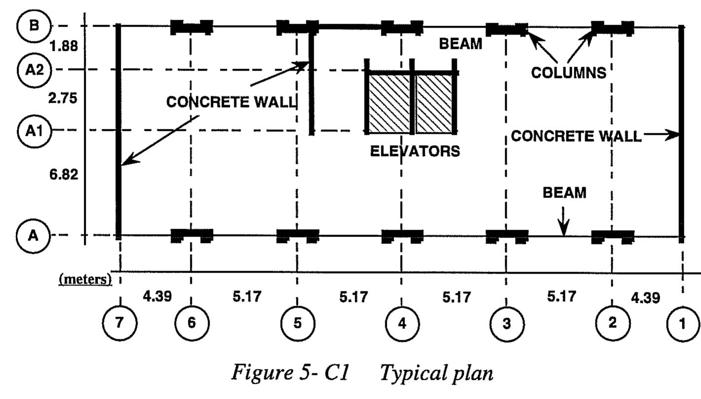 Concrete shear walls, located in column lines 1 and 7