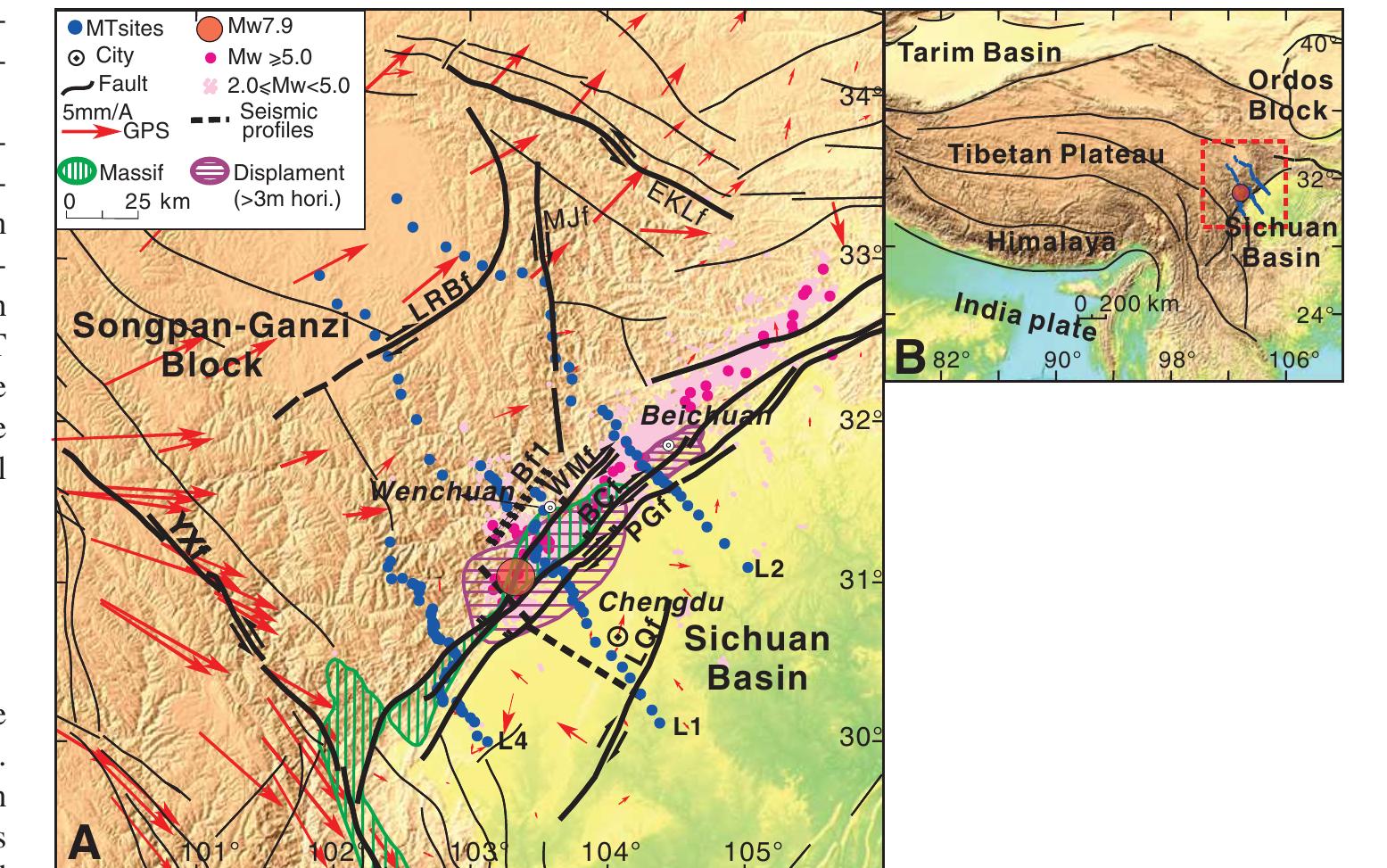 A: map of the eastern tibetan plateau and longmenshan, with