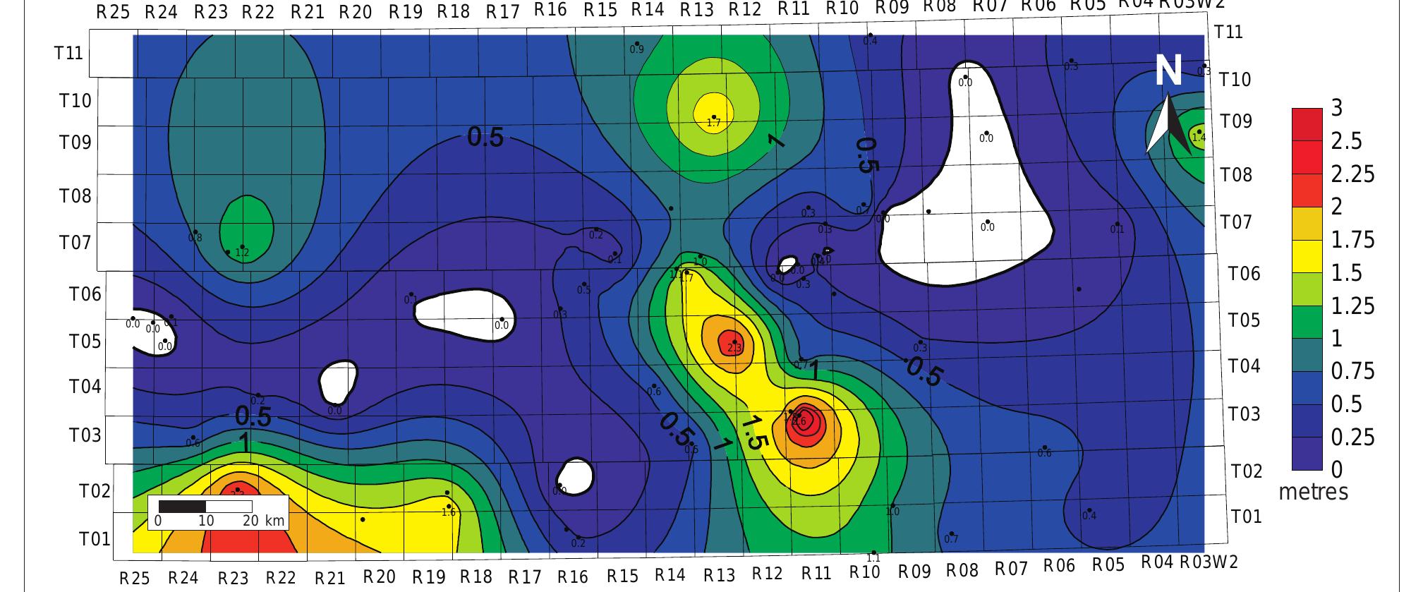 isopach map of subfacies 8a. subfacies 8a occurs in the