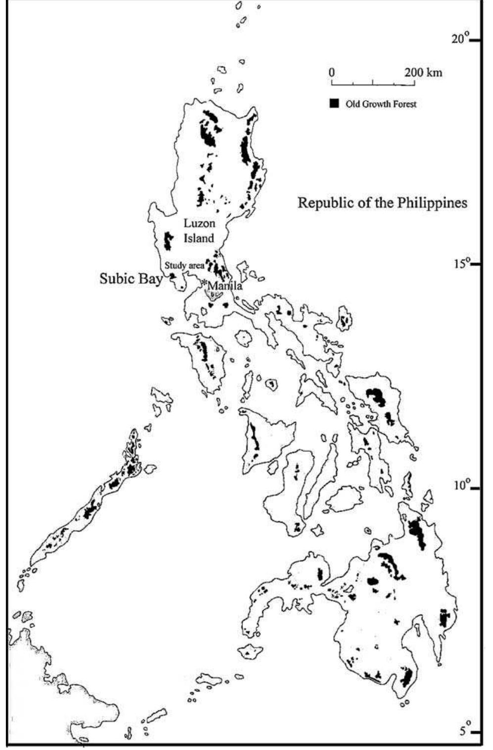 Map of the philippines with primary forests and subic bay.