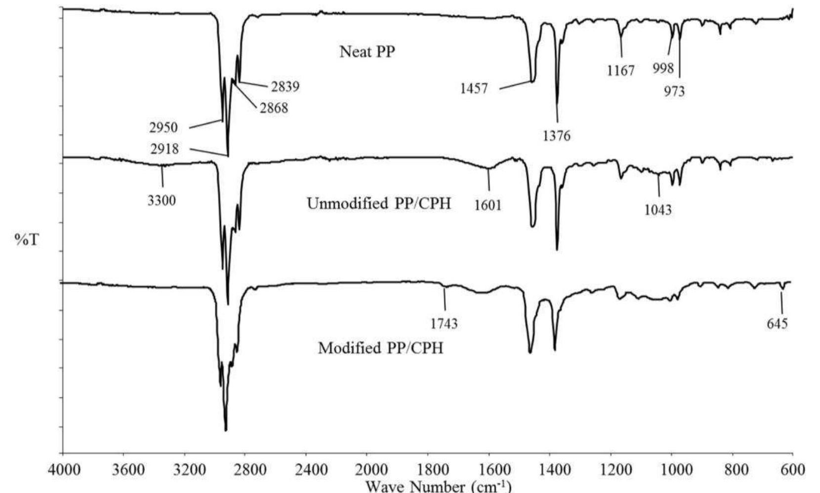 Ftir spectra of neat pp, unmodified, and modified pp/cph