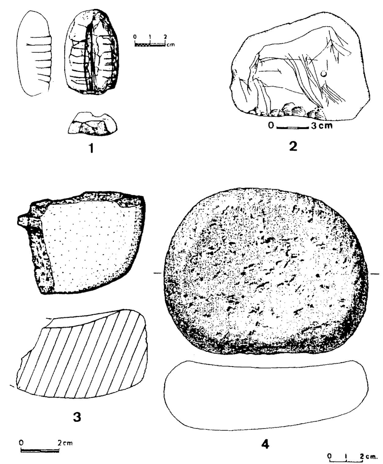 Upper paleolithic stone objects. (1) basalt grooved stone