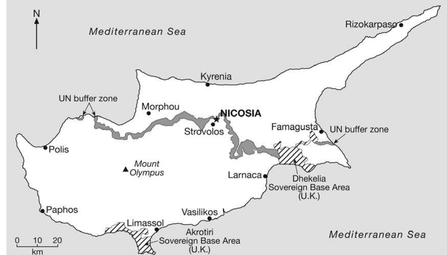 Map of cyprus showing main cities and the north-south