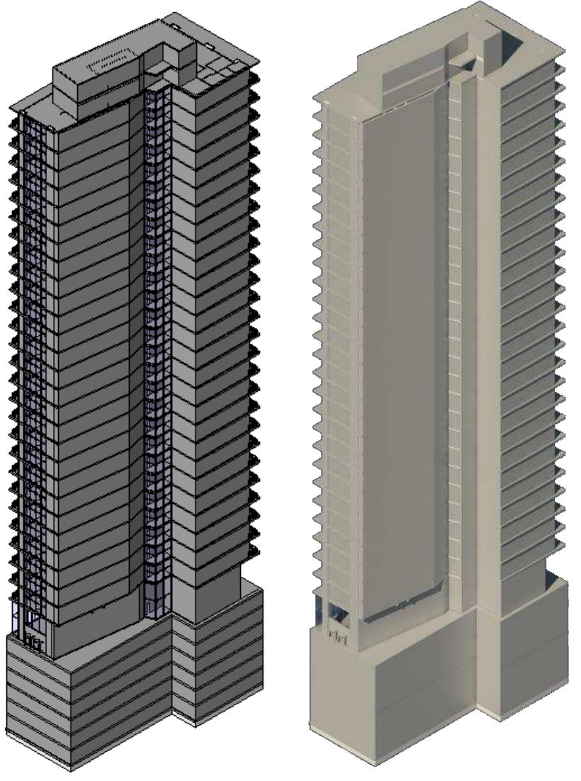 Revit model of the building (left) and a rendering of the