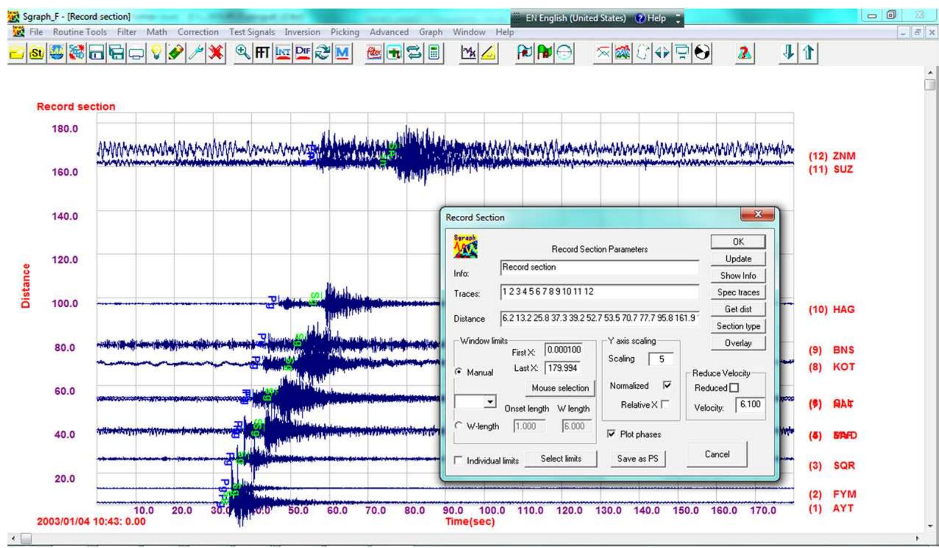 Typical screenshot of a record section plot.
