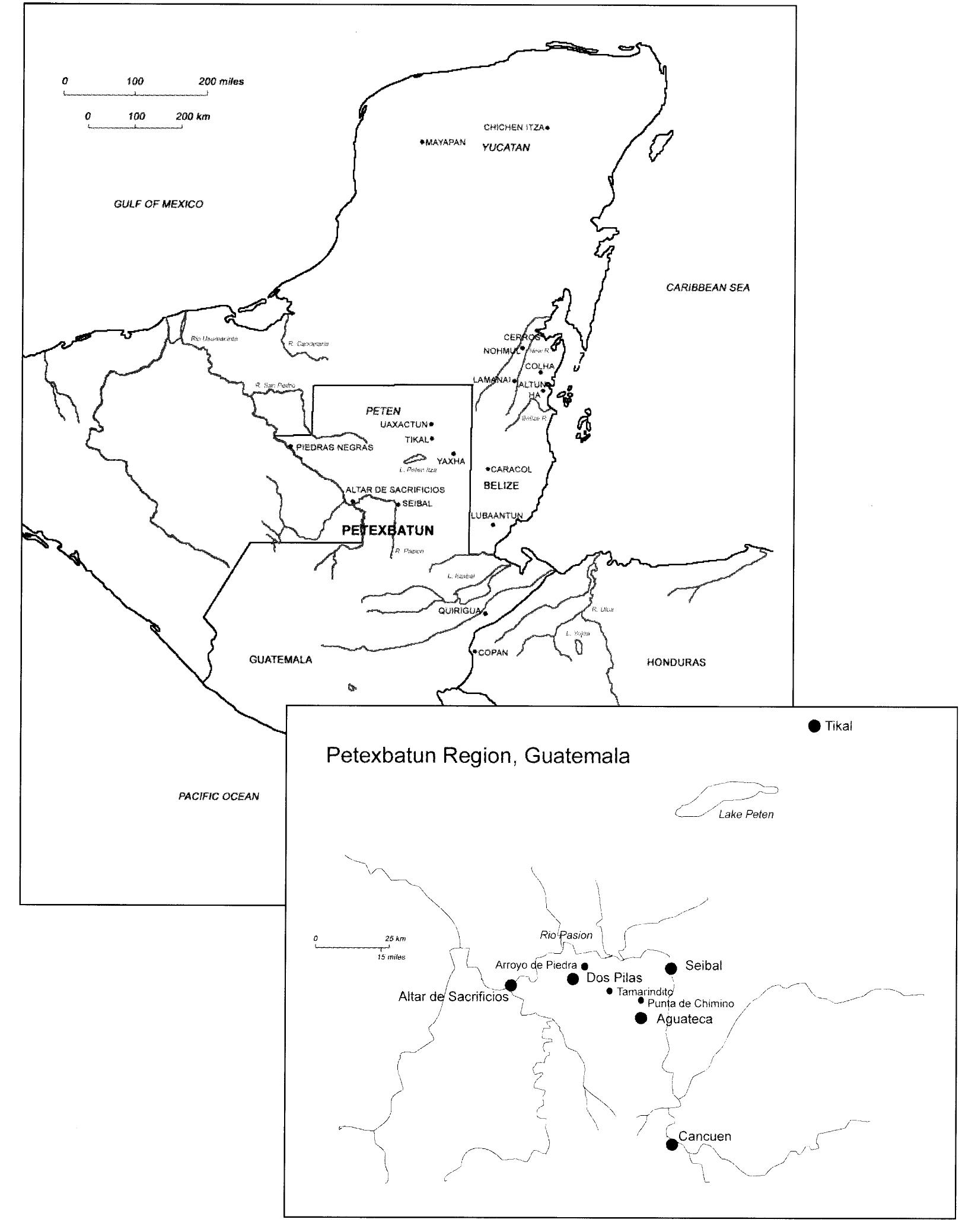 Map of the maya world and the guatemalan petén with the site