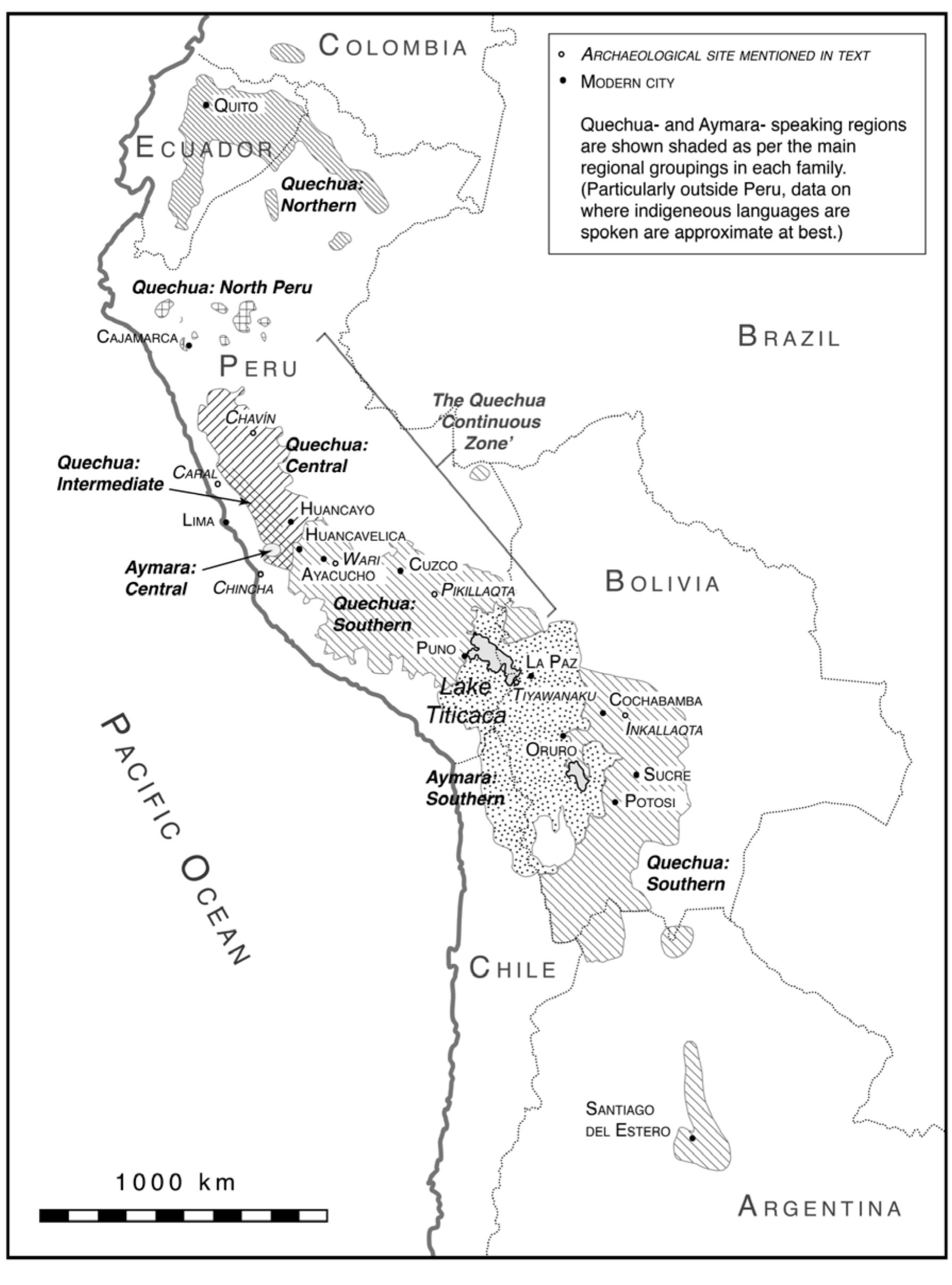 Present-day distribution of the quechua and aymara language