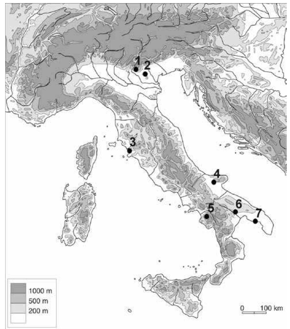 Sketch map of italy with position of the most relevant sites