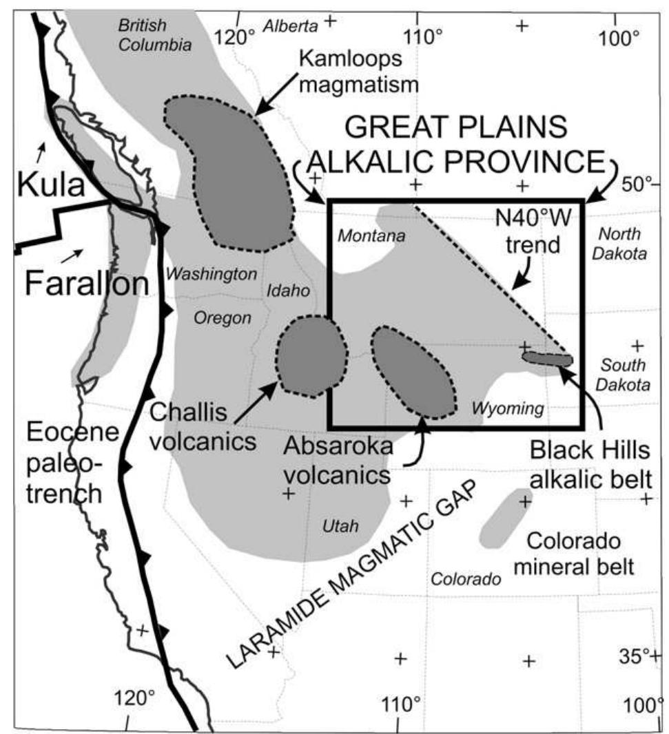 Location map of eocene magmatism from 40-55 ma in north