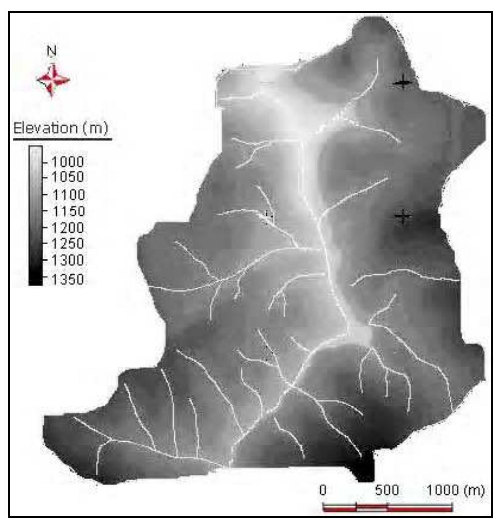 Elevation map of the catchment to plantation forests
