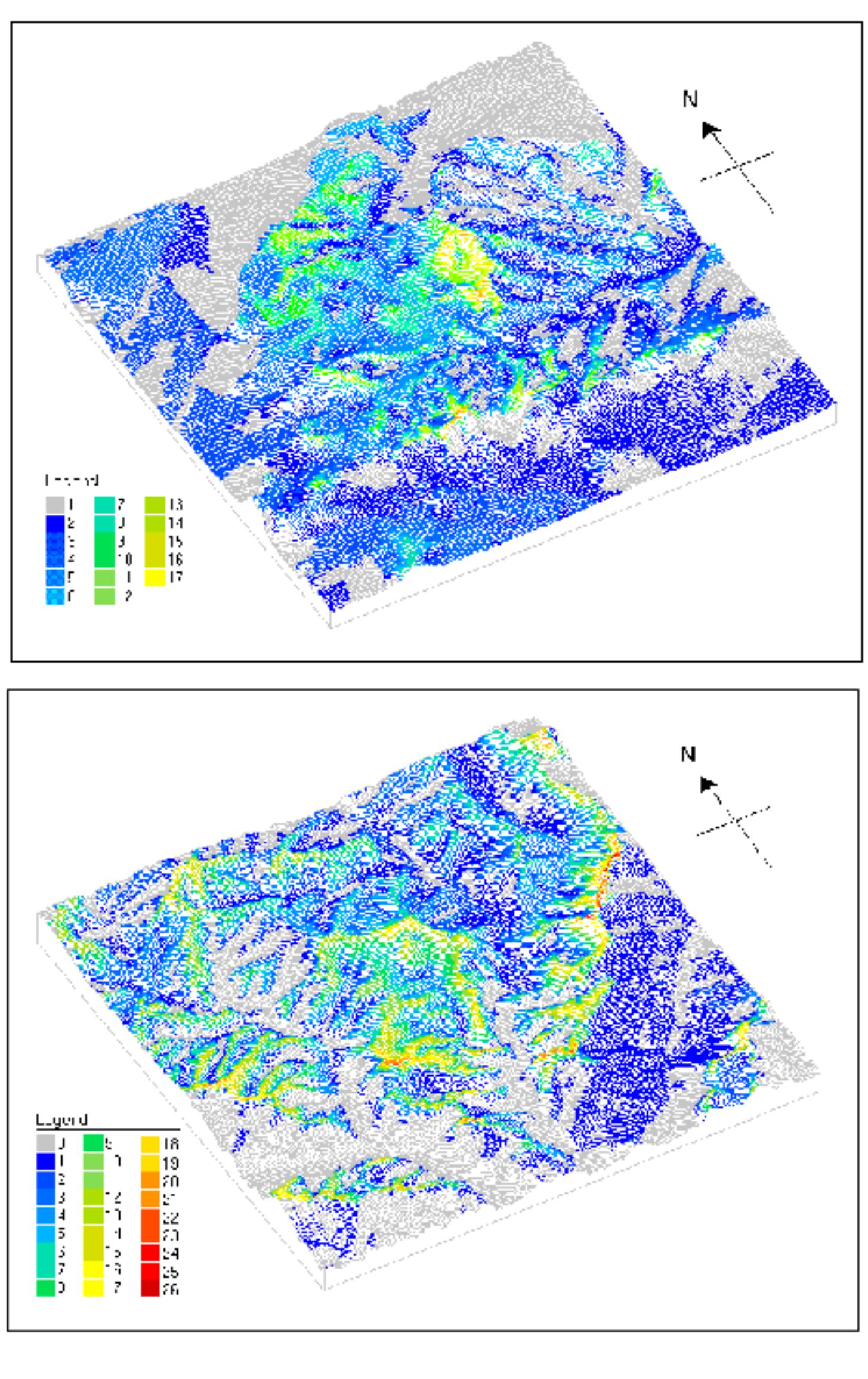 - cumulative viewshed maps overlain on elevation to show the