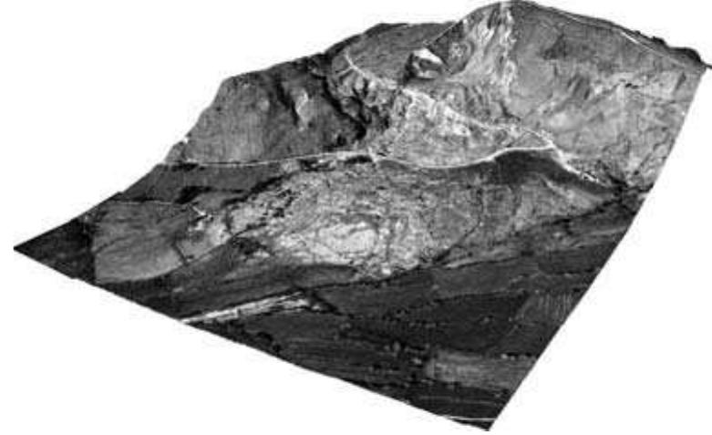 A 3d view of mam tor, created by draping an orthophoto over