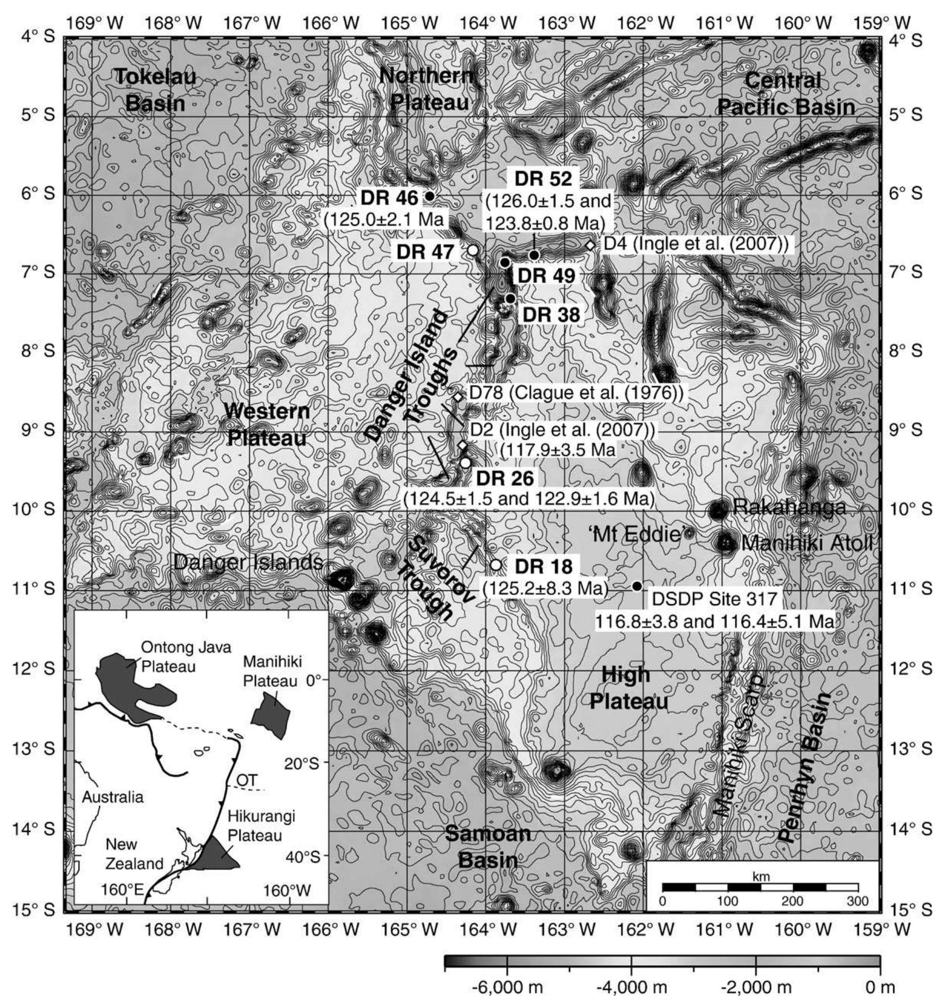 Bathymetric map of the manihiki plateau. black and white