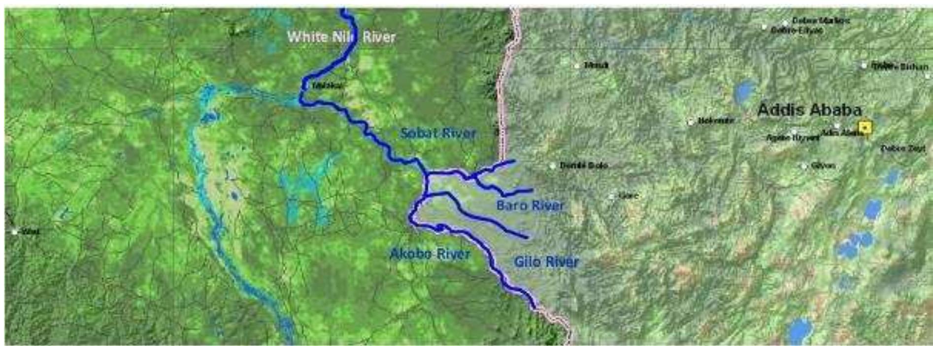Map of the rivers in the gambella region
