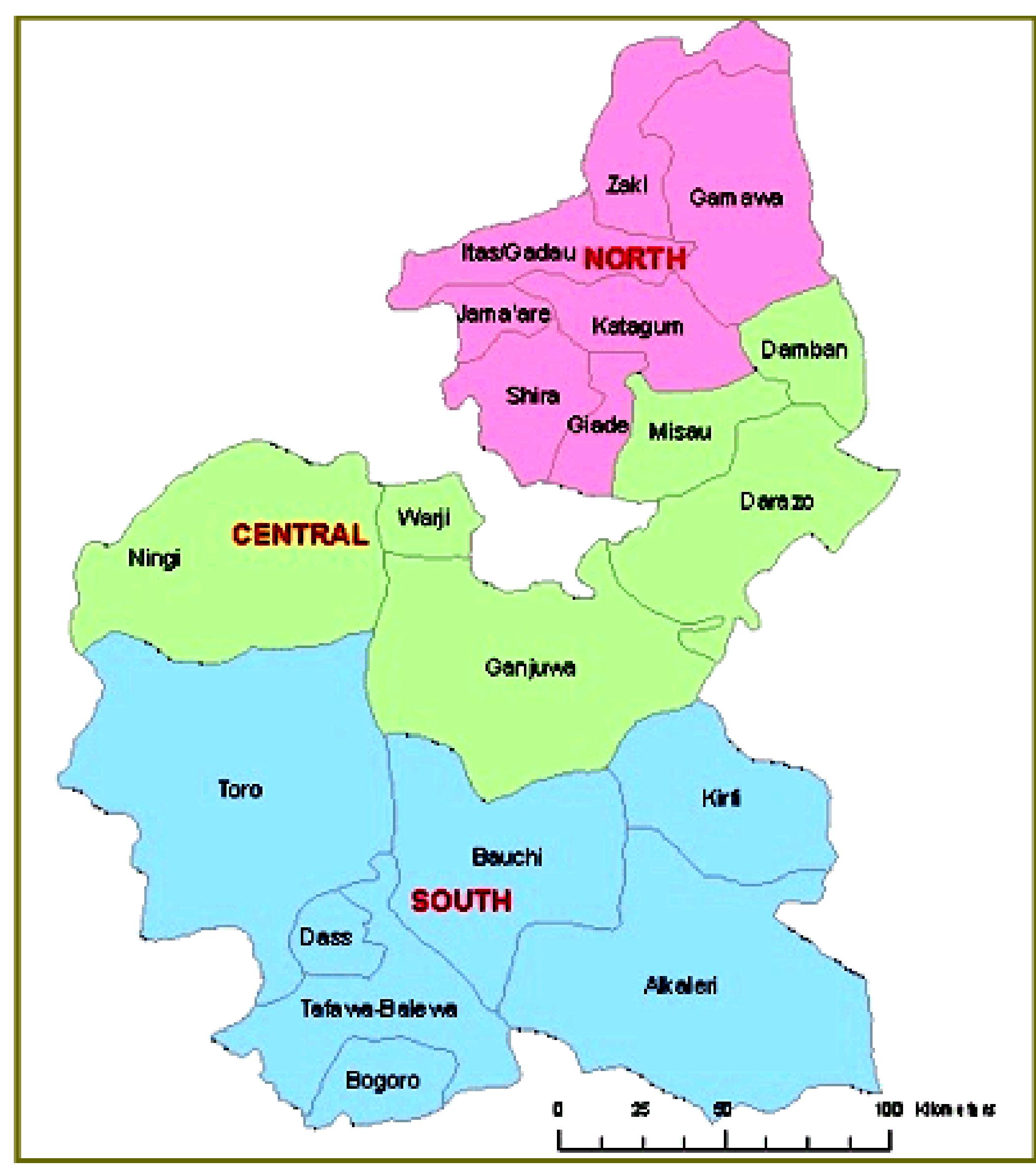 Bauchi state map indicating the three zones of the study