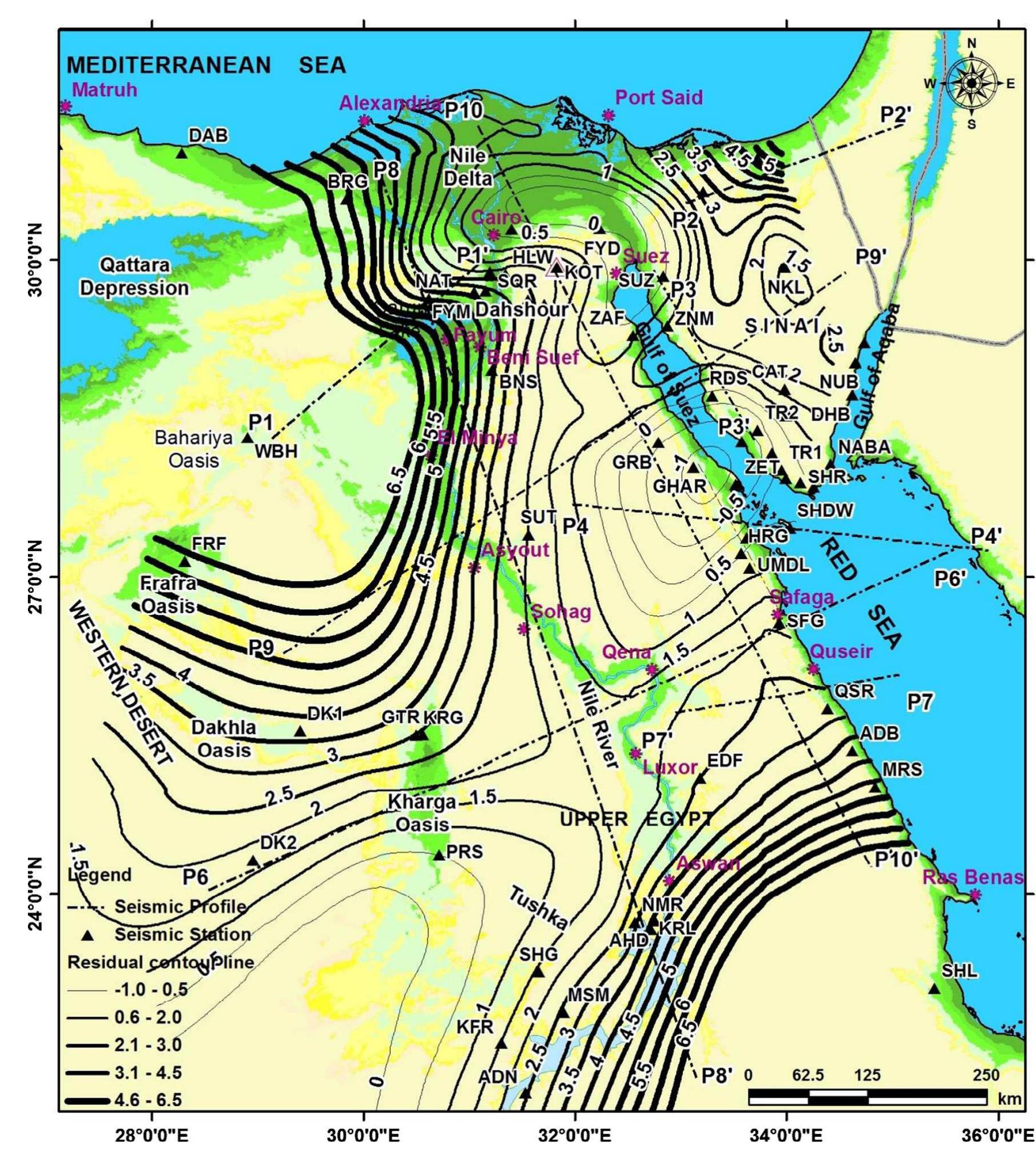 Residual map of the moho depth representing the difference
